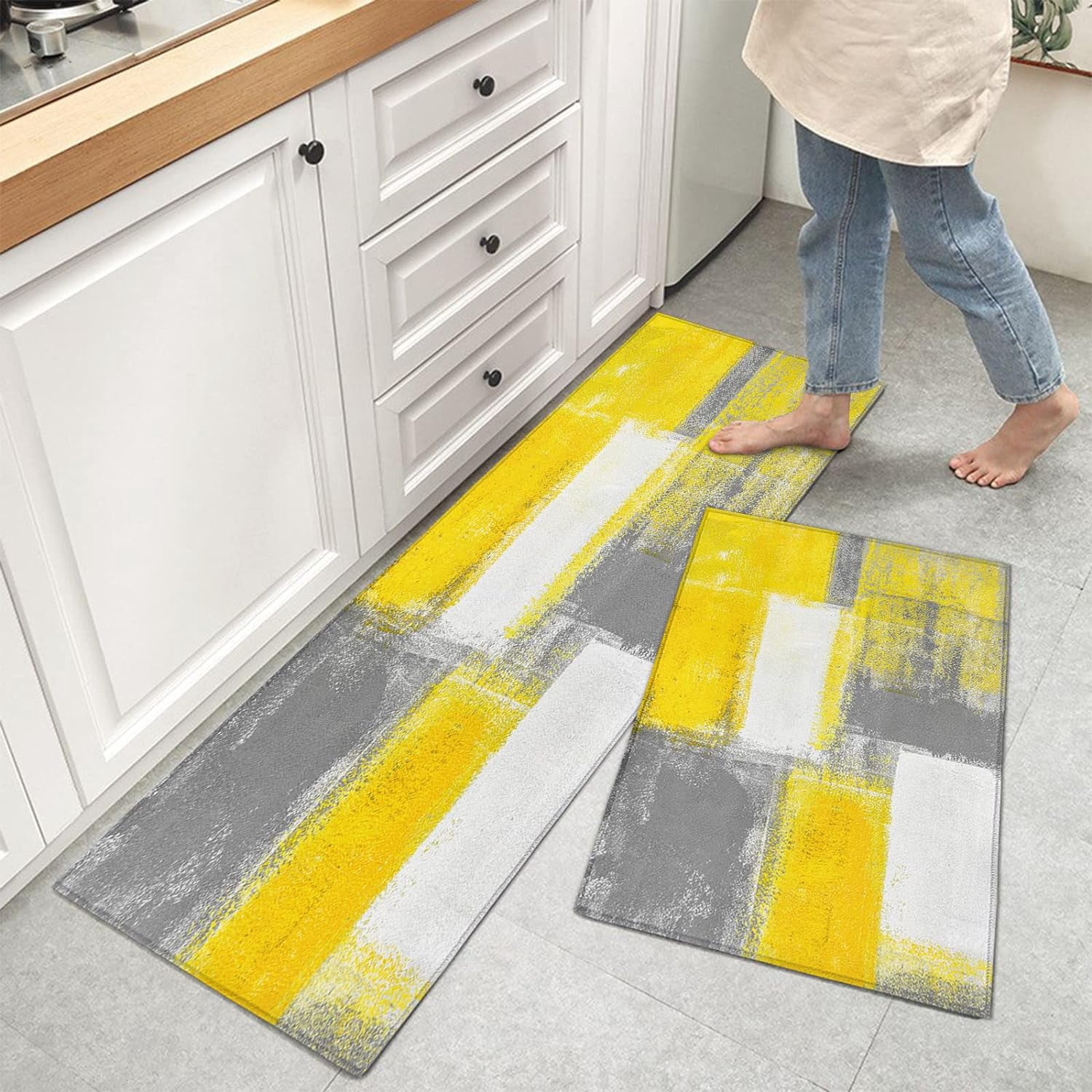 Yellow Grey Abstract Painting Kitchen Mats for Floor Cushioned Anti ...