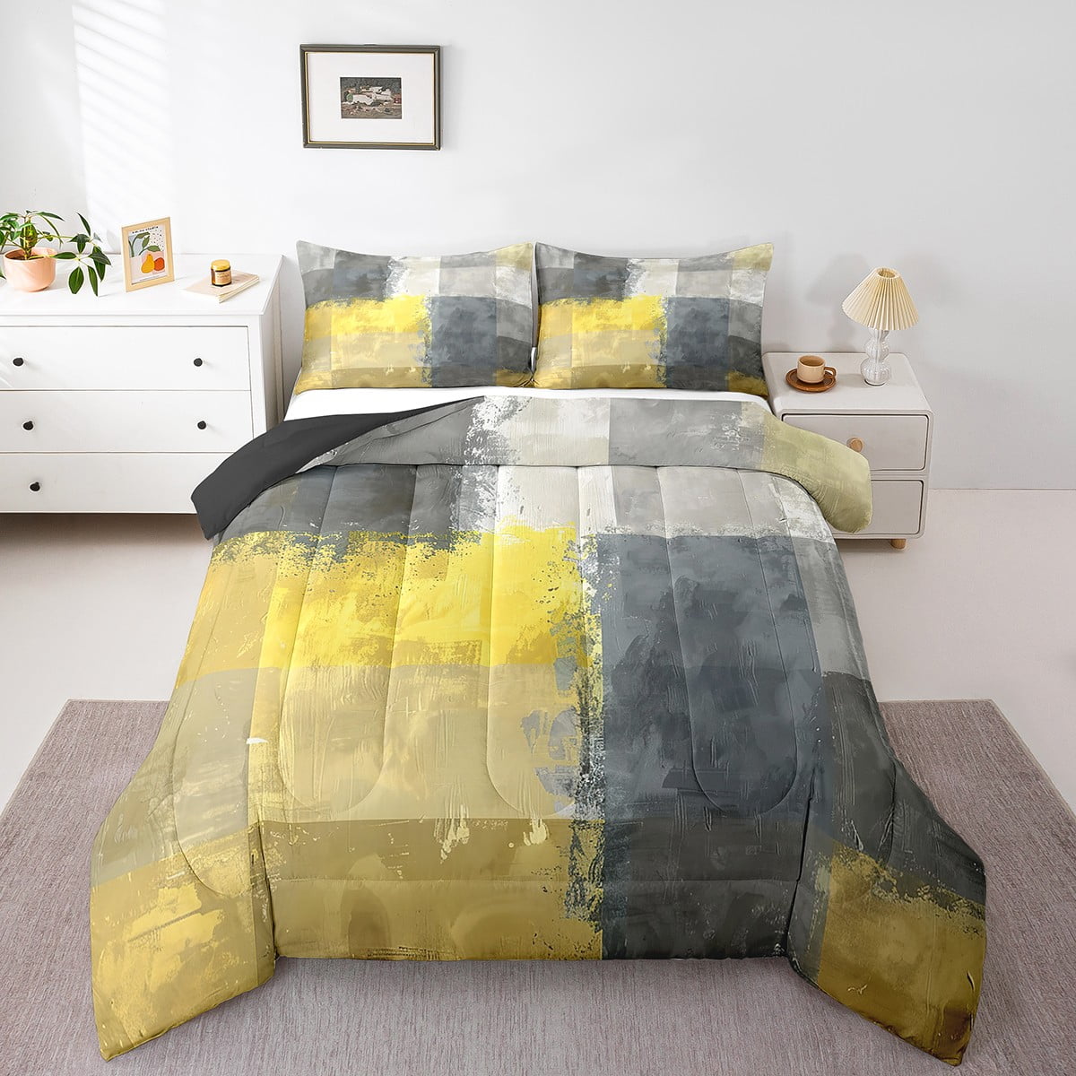 Yellow Grey Aesthetic Twin Comforter Set Retro Grunge Bedding Set Teen ...
