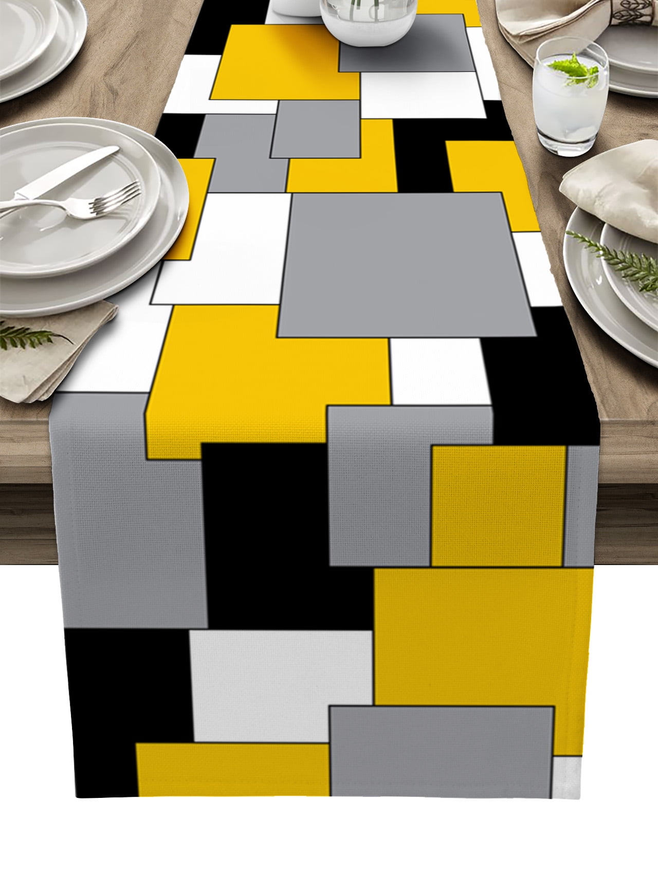 Yellow Grey Black Geometric Table Runner Middle Century Art Abstract ...