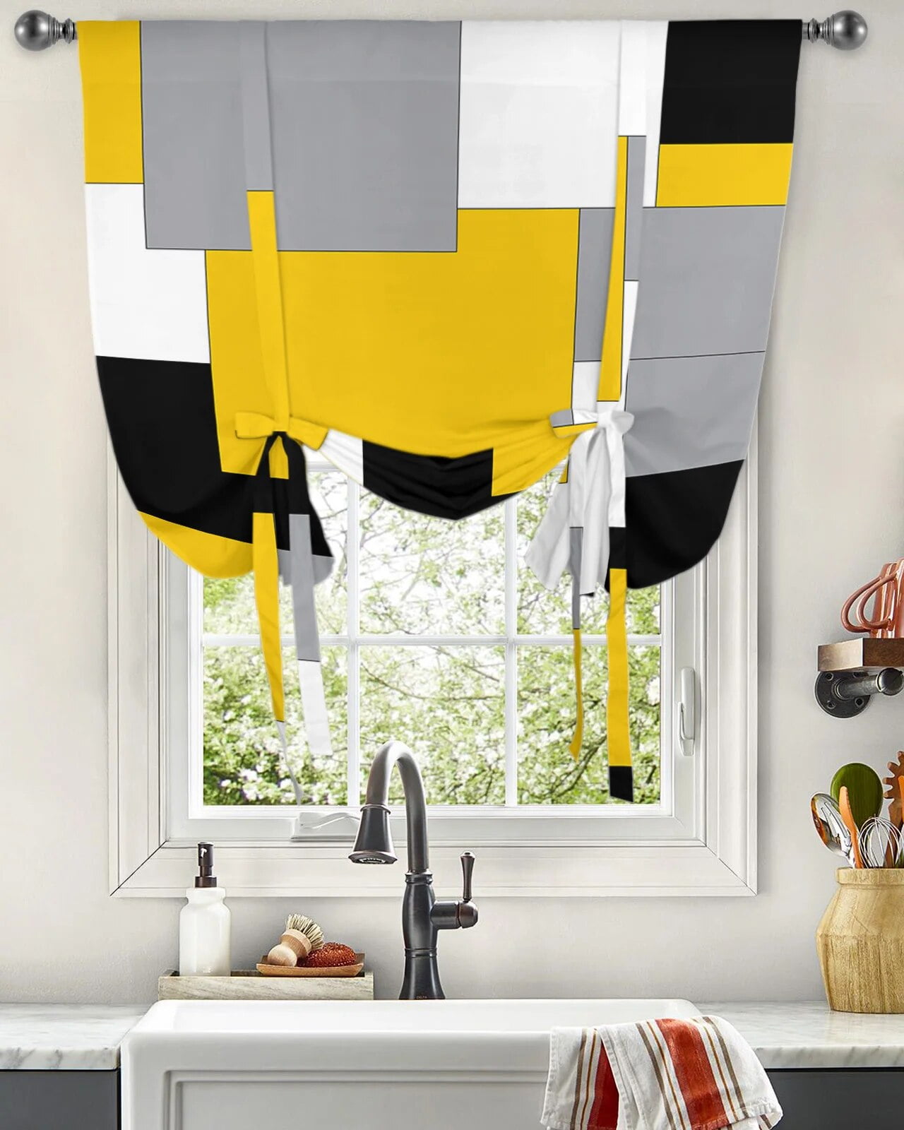 Yellow Grey Black Patchwork Abstract Art Medieval Style Window Curtains ...