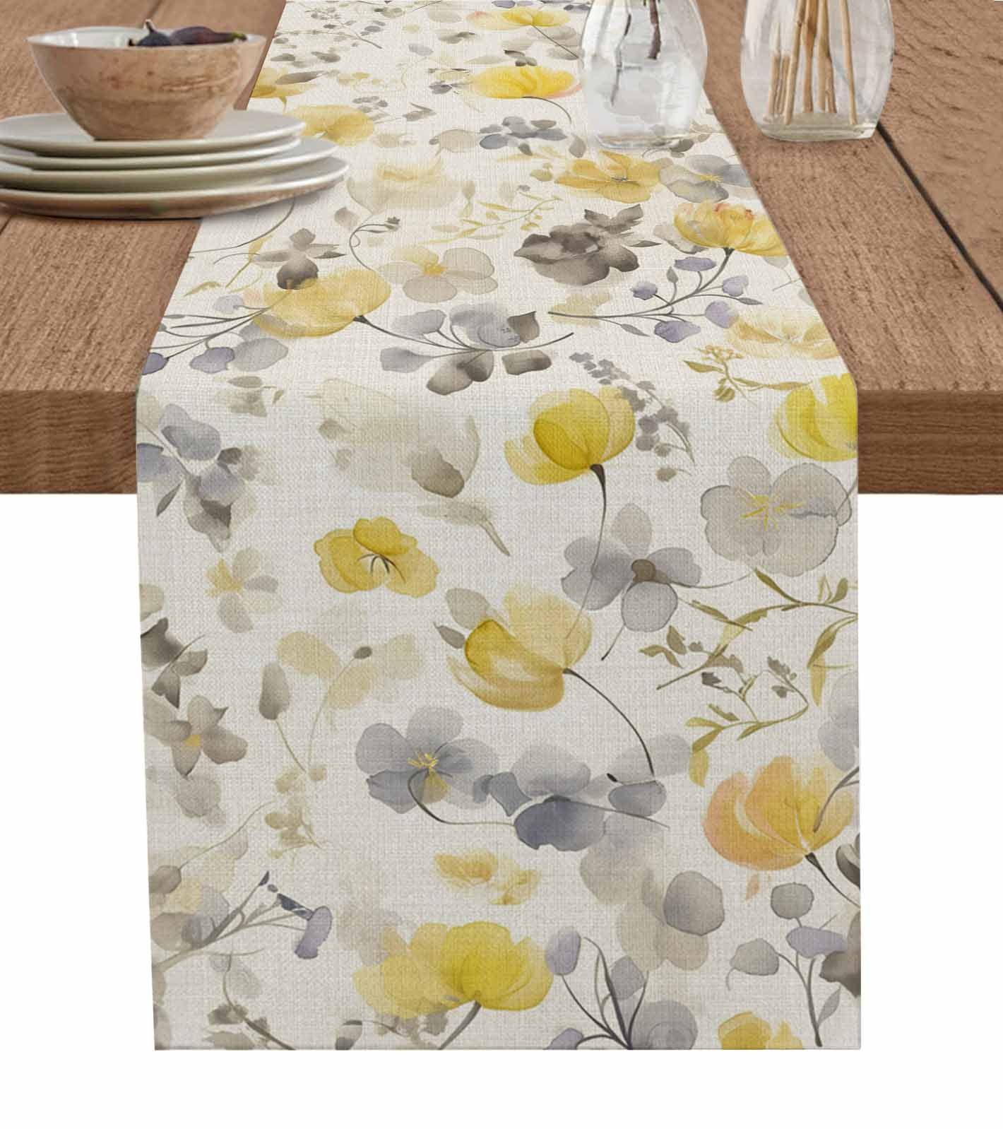 Yellow Grey Botanical Burlap-Cotton Table Runner 36 Inches Long,Spring ...