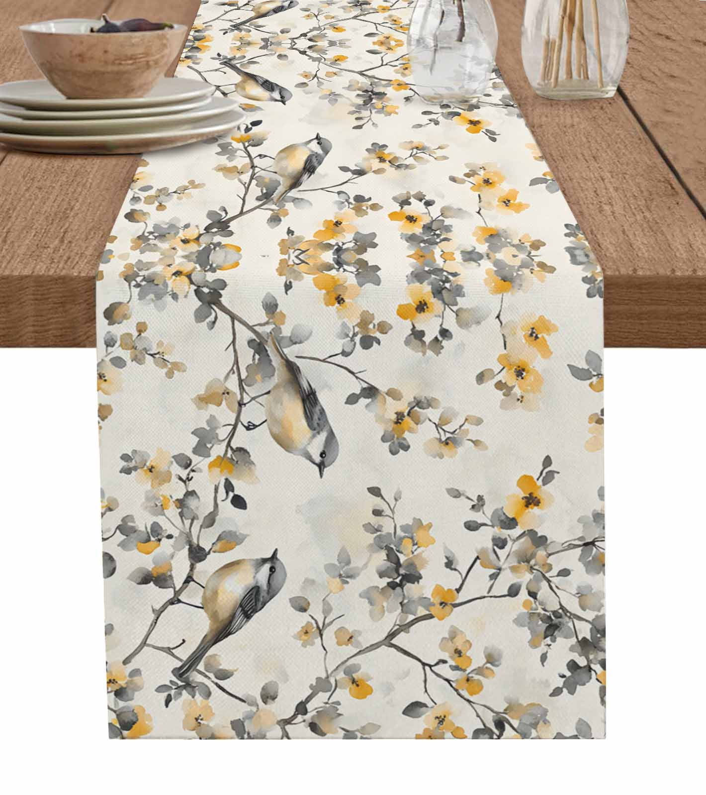 Yellow Grey Botanical Table Runner 120 Inches, Spring Floral Summer ...