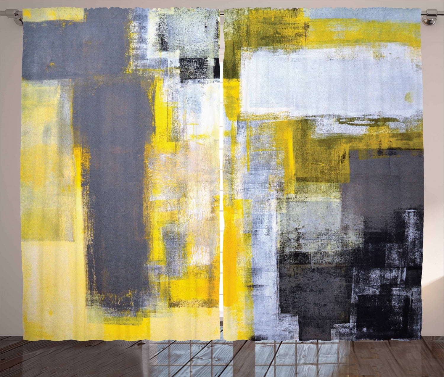 Ambesonne Yellow and Grey Curtains 2 Panel Set, Abstract Painting, 108 ...