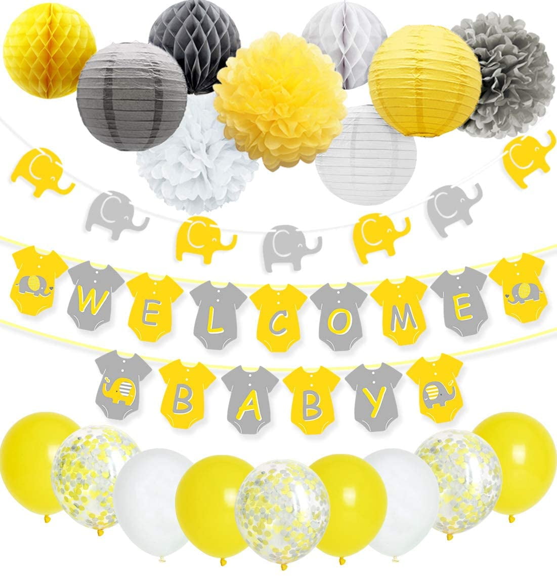 Yellow Grey Elephant Baby Shower Decorations Neutral for Boy or Girl ...