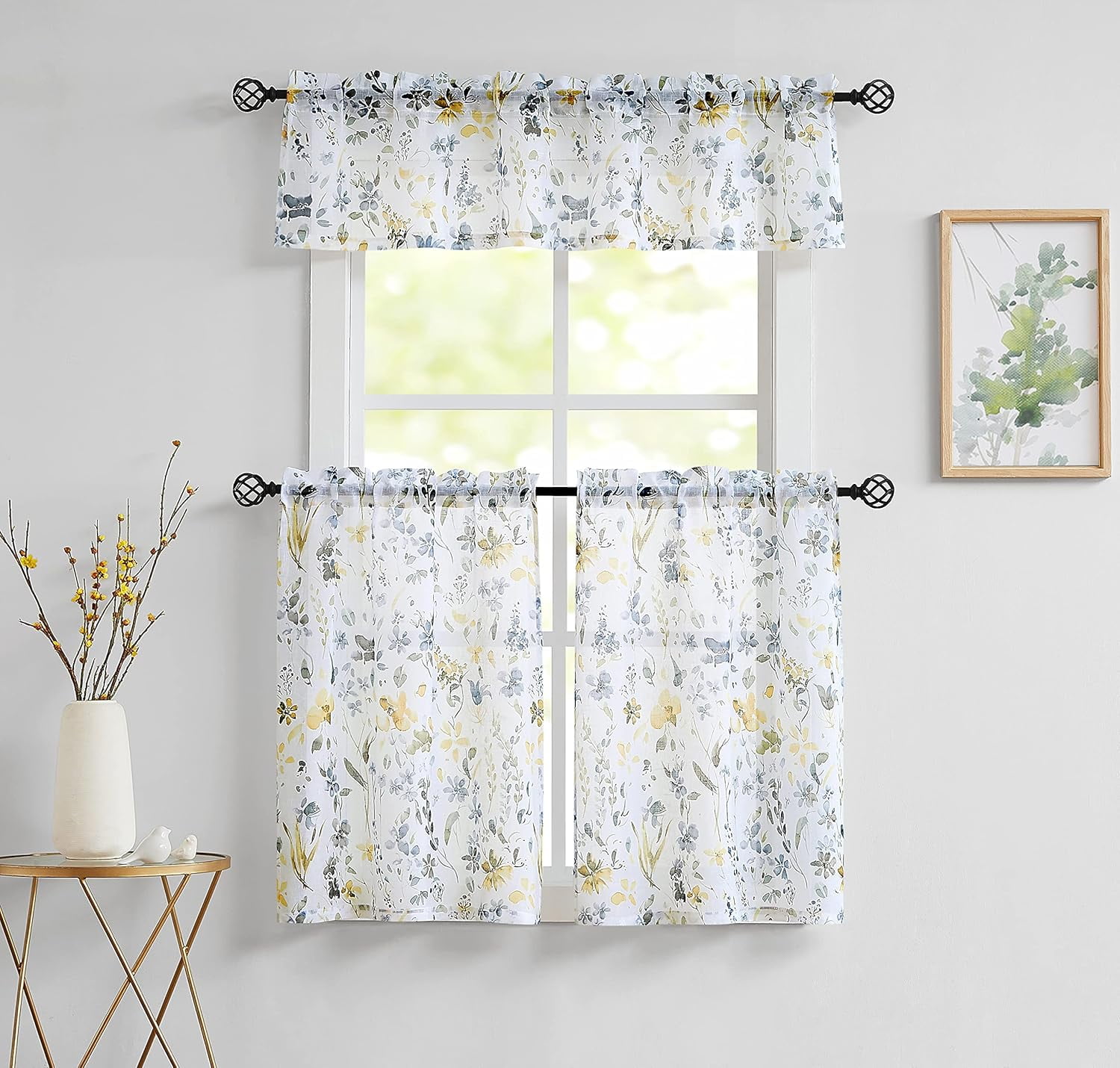 Yellow Grey Floral 3 Piece Kitchen Curtains for Window 36 inch Length ...