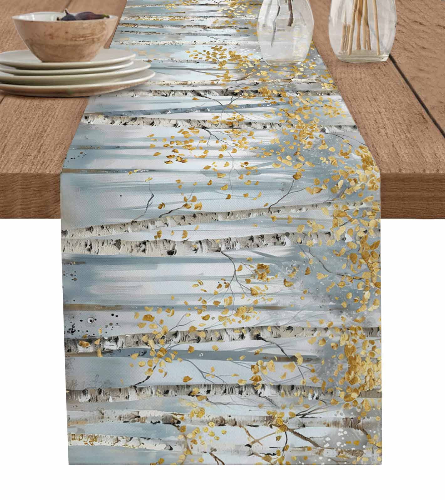 Yellow Grey Forest Table Runner Grey Modern Art Oil Painting ...