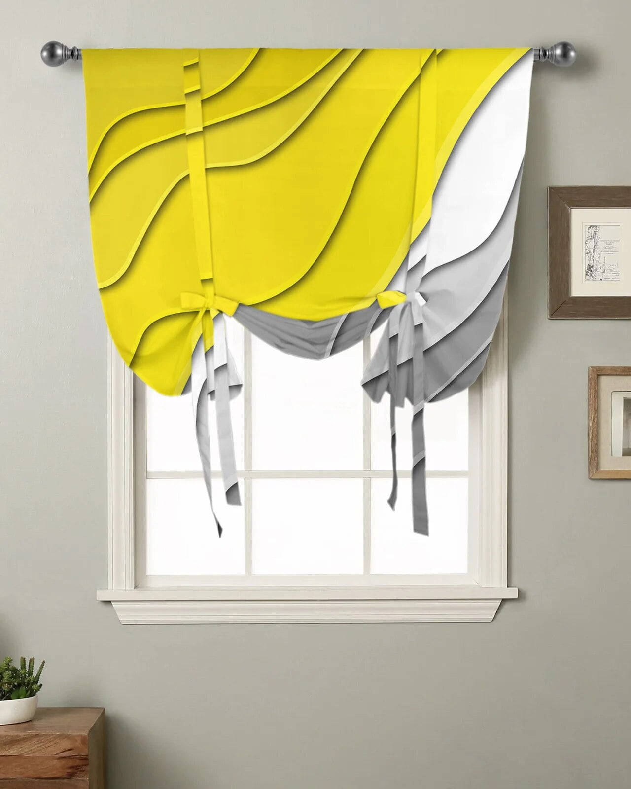 Yellow Grey Gradient Geometric Abstract Kitchen Short Window Curtain Modern Home Decor Small ...