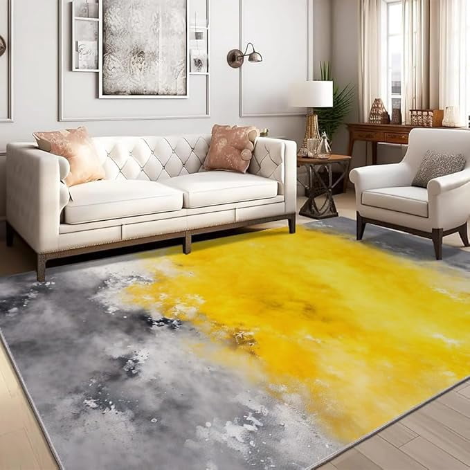 Yellow And Grey Graffiti Area Rug, Art Texture Rug, Non-Slip Washable ...
