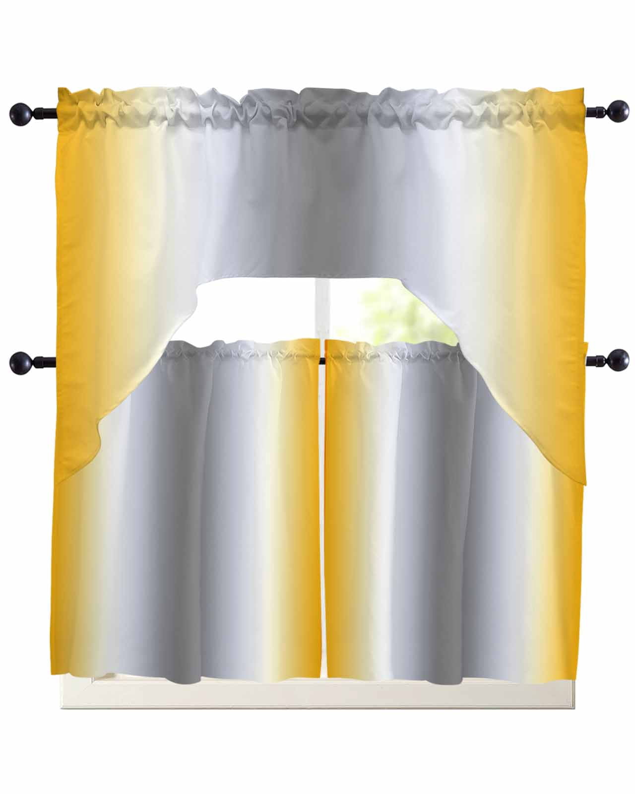 Yellow Grey Kitchen Curtains Swag Valance and Tier Curtains Set 36 Inch ...