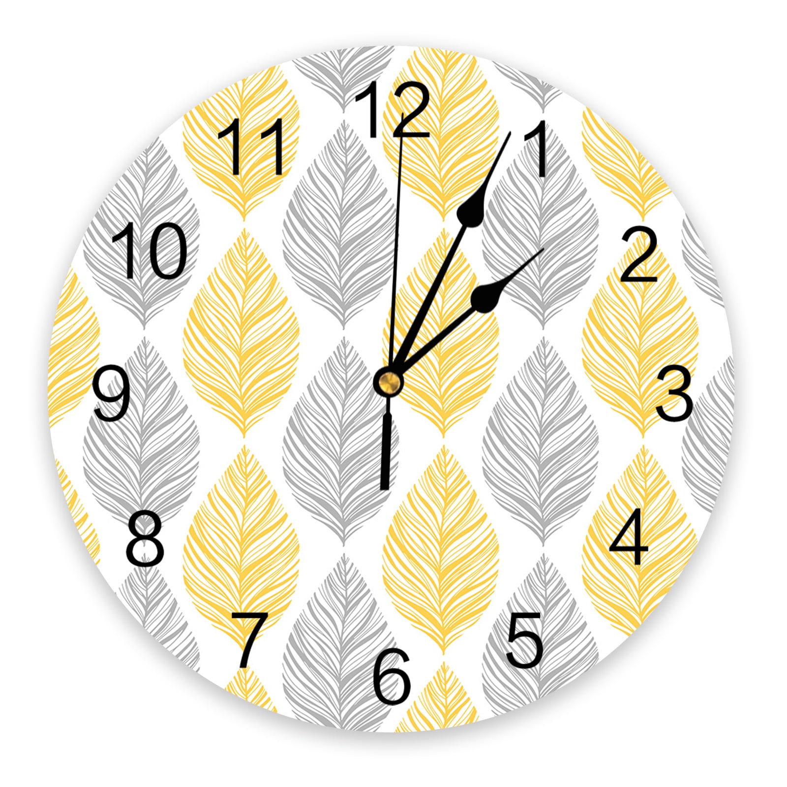 Yellow Grey Leaf Texture Wall Clock Modern Design Silent Bedroom Living ...