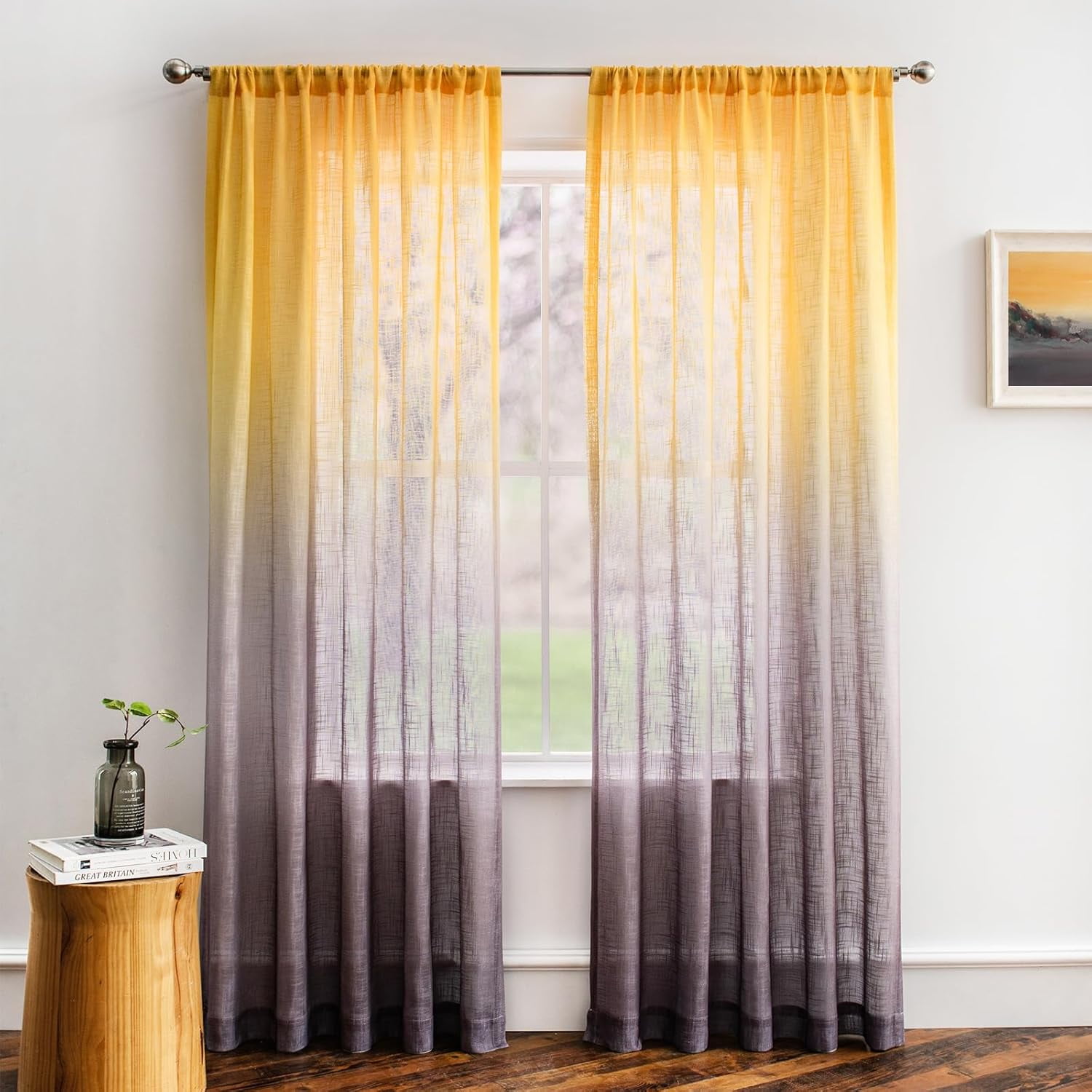 Yellow Grey Linen Textured Ombre Semi Sheer Curtains 63 Inches Length for Bedroom Living Room ...