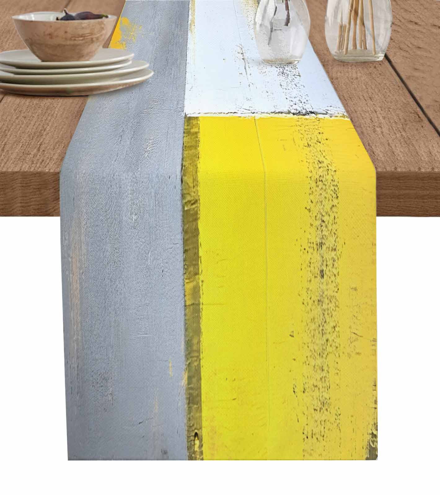 Yellow Grey Oil Painting Burlap Cotton Table Runner 13x48 Inches Long ...