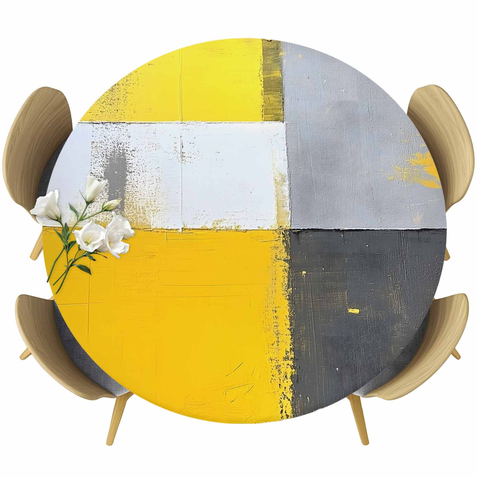 Yellow Grey Oil Painting Round Tablecloth 45-54 Inch Round Fitted Table ...
