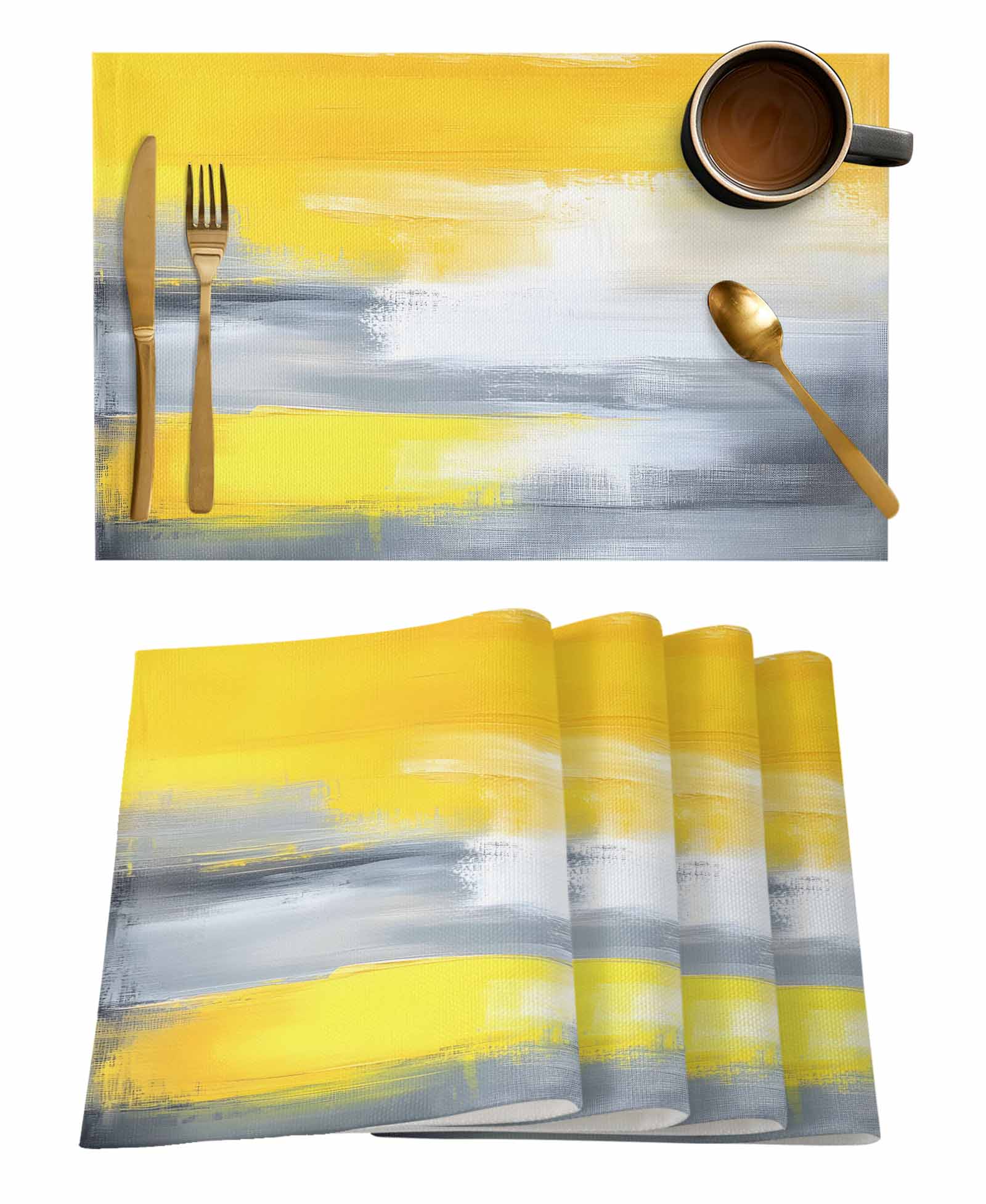 Yellow Grey Ombre Placemats Set of 6, Oil Painting Modern Abstract Art ...