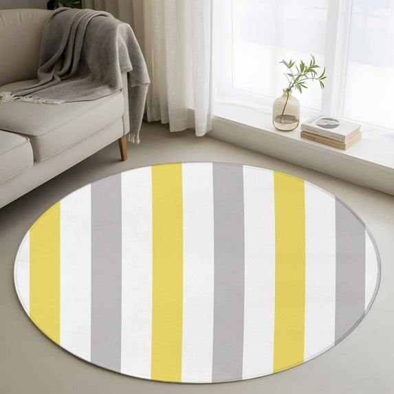 Yellow Grey Stripe 4ft Round Rug, Modern Farmhouse Vertical Striped Non ...