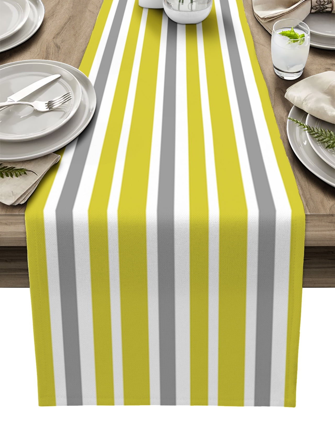 Yellow Grey Striped Table Runner 72 Inches, Modern White Abstract Art ...