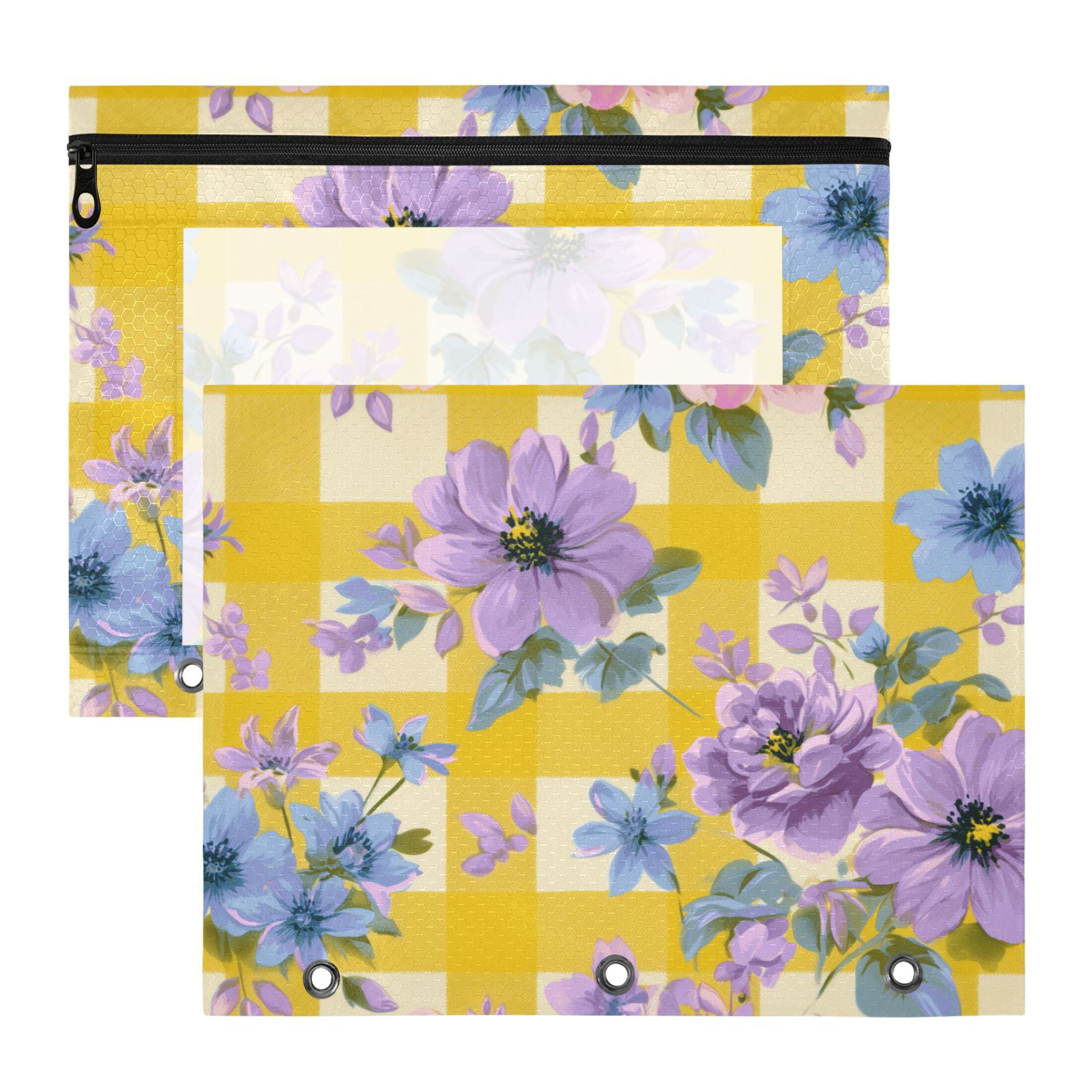 Yellow Grids with Colorful Flowers 3-Ring Binder Pocket with Zipper ...