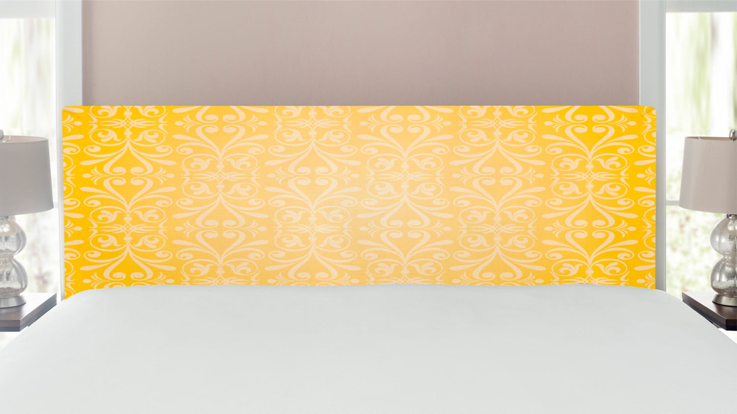 Yellow Headboard, Diagonal Swirling Ornate Victorian Damask Patterns on ...