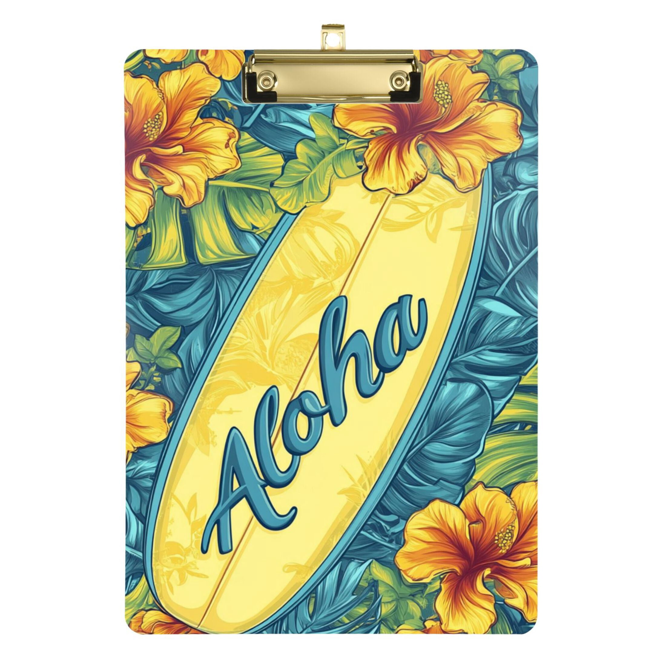 Yellow Hibiscus Flowers Palm Leaves Surfboard Acrylic Clipboard Drawing ...