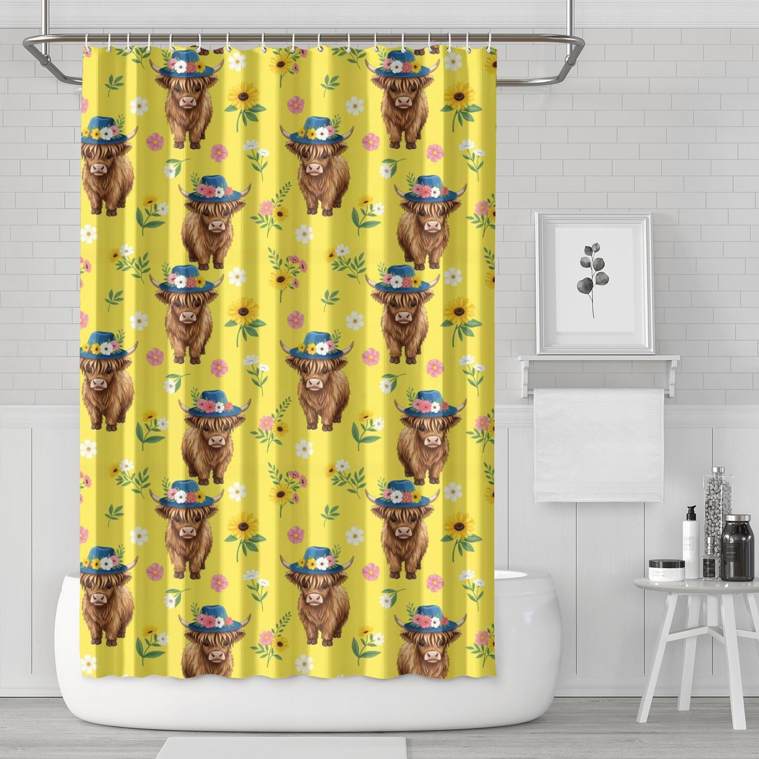 Yellow Highland Cow Flower Hat Pattern Shower Curtain 72"x72" ,Bathroom ...