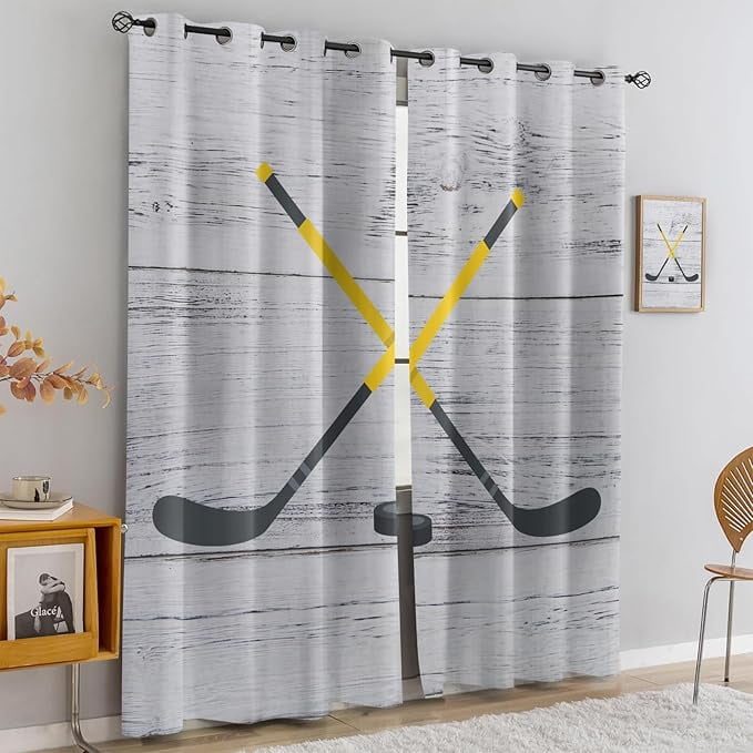 Yellow Hockey Theme Window Curtain Panels, Gray Wood Plank Texture ...