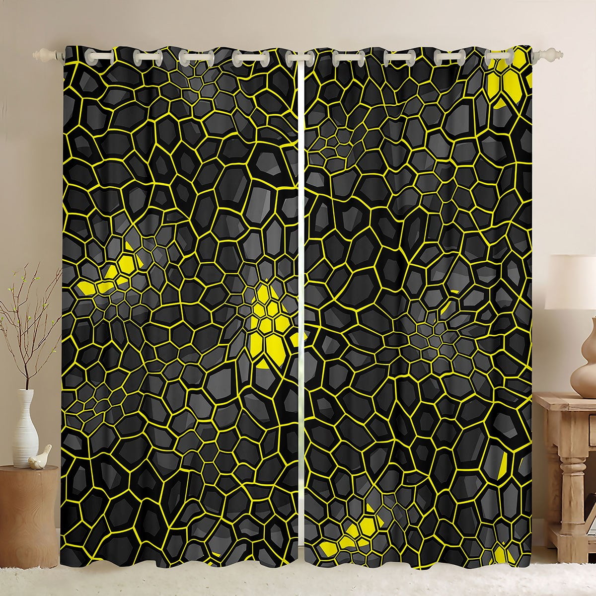 Yellow Honeycomb Curtains Geometric Camouflage Blackout Curtains Men Abstract Military Camo ...