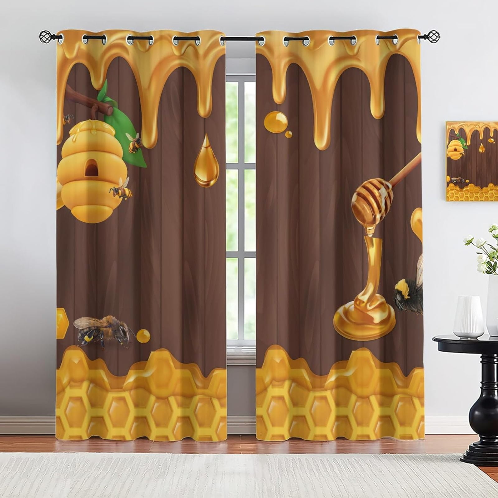 Yellow Honeycomb Honey Curtains Hardworking Bees Grommet Curtain Drapes ...
