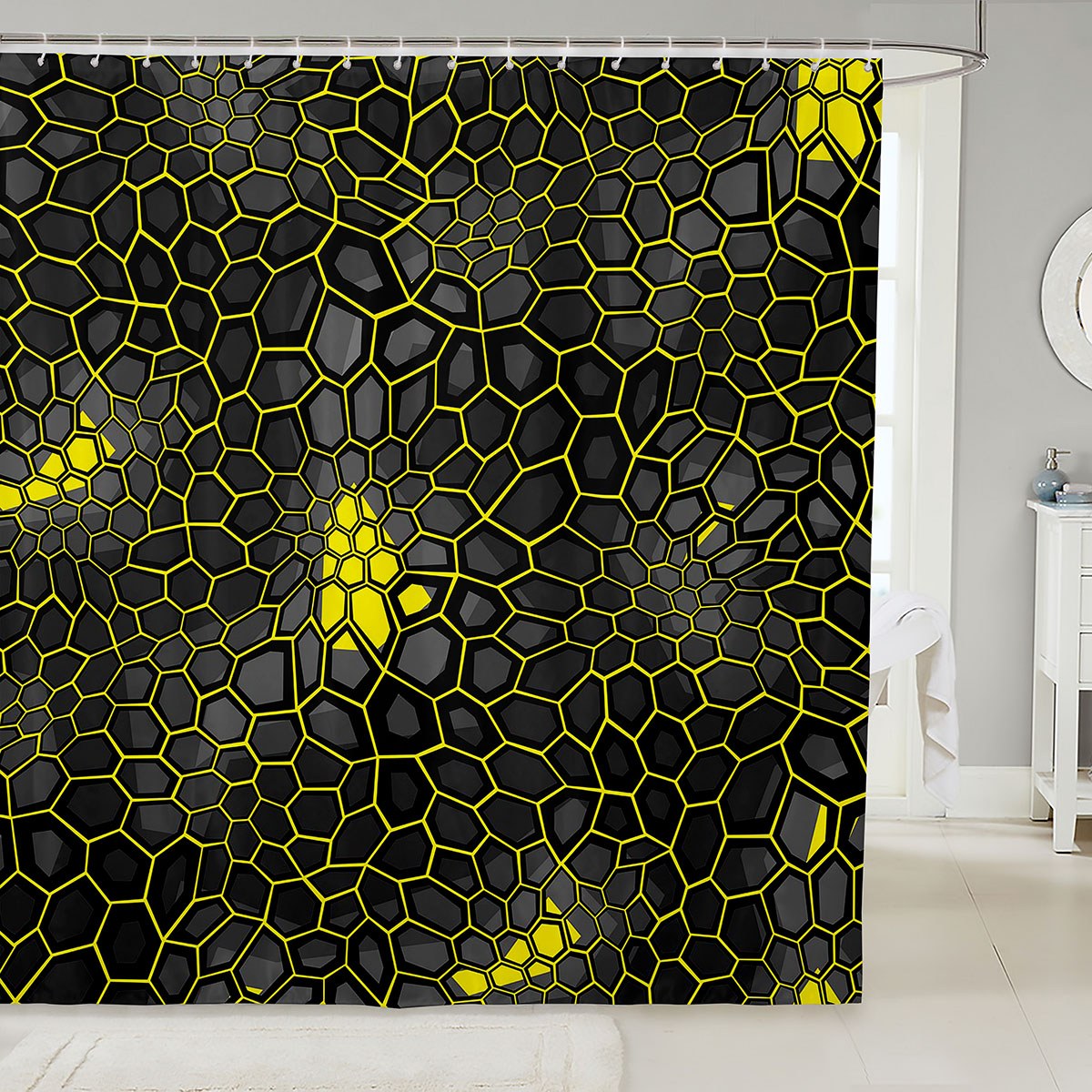 Yellow Honeycomb Shower Curtain Geometric Camouflage Bath Curtain Military Camo Hexagonal Scales ...