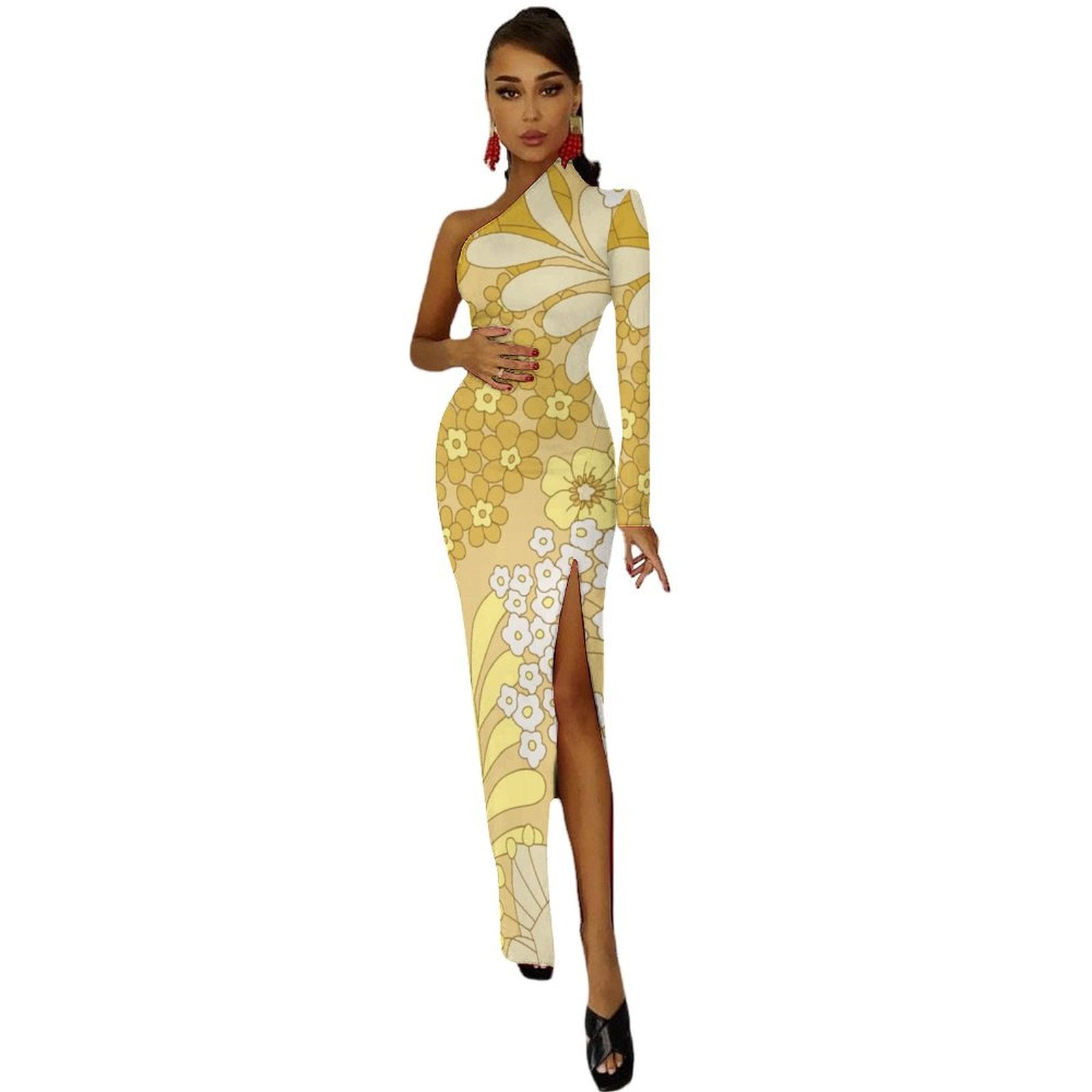 Yellow Ivory & Brown Retro Floral Pattern Half Dleeve Split Dress ...