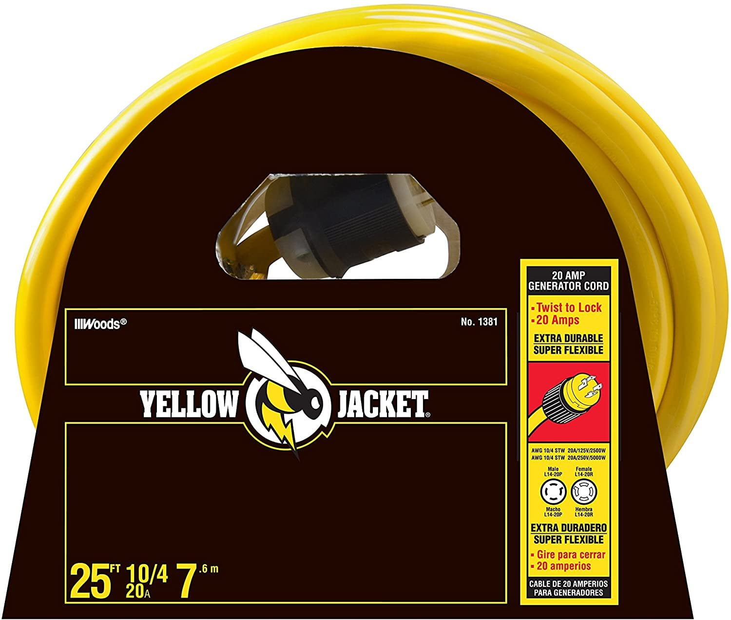 Yellow Jacket Generator Power Cord 1381 Heavy Duty - 20A/250V, 25 Ft ...