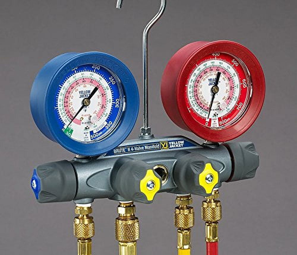 Yellow Jacket 46030 Brute II 4-Valve Manifold with Red/Blue Gauges, psi ...