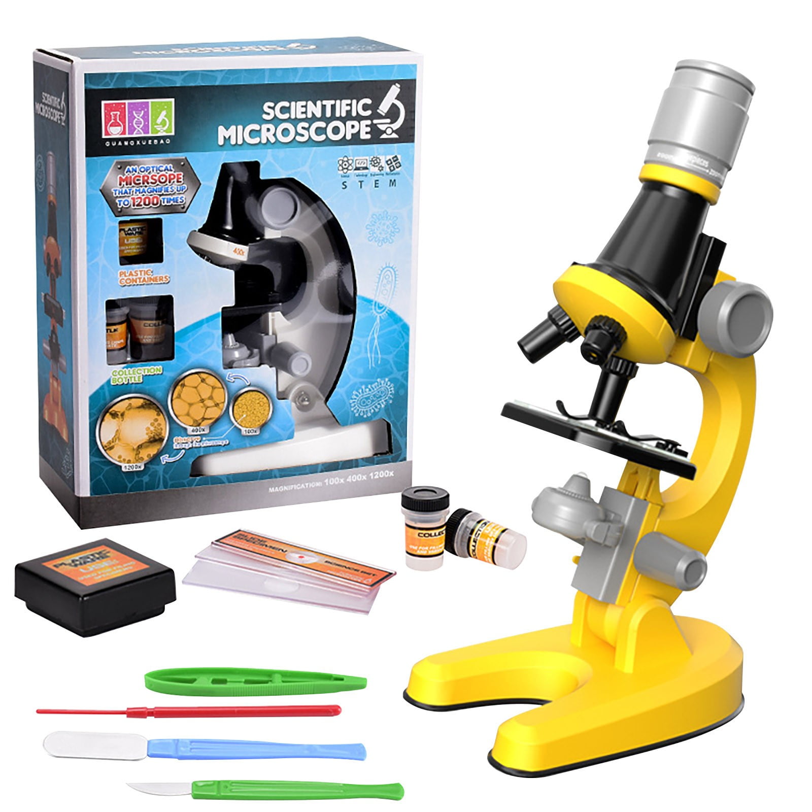 Yellow Kids Educational Microscope Kit 1200X Magnification Biological ...