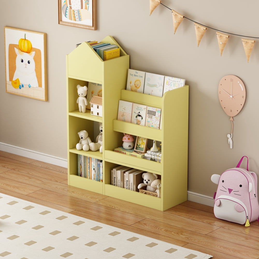 Yellow Kids Wooden Bookshelf Toy Storage Organizer with Bookcase, Kid's ...