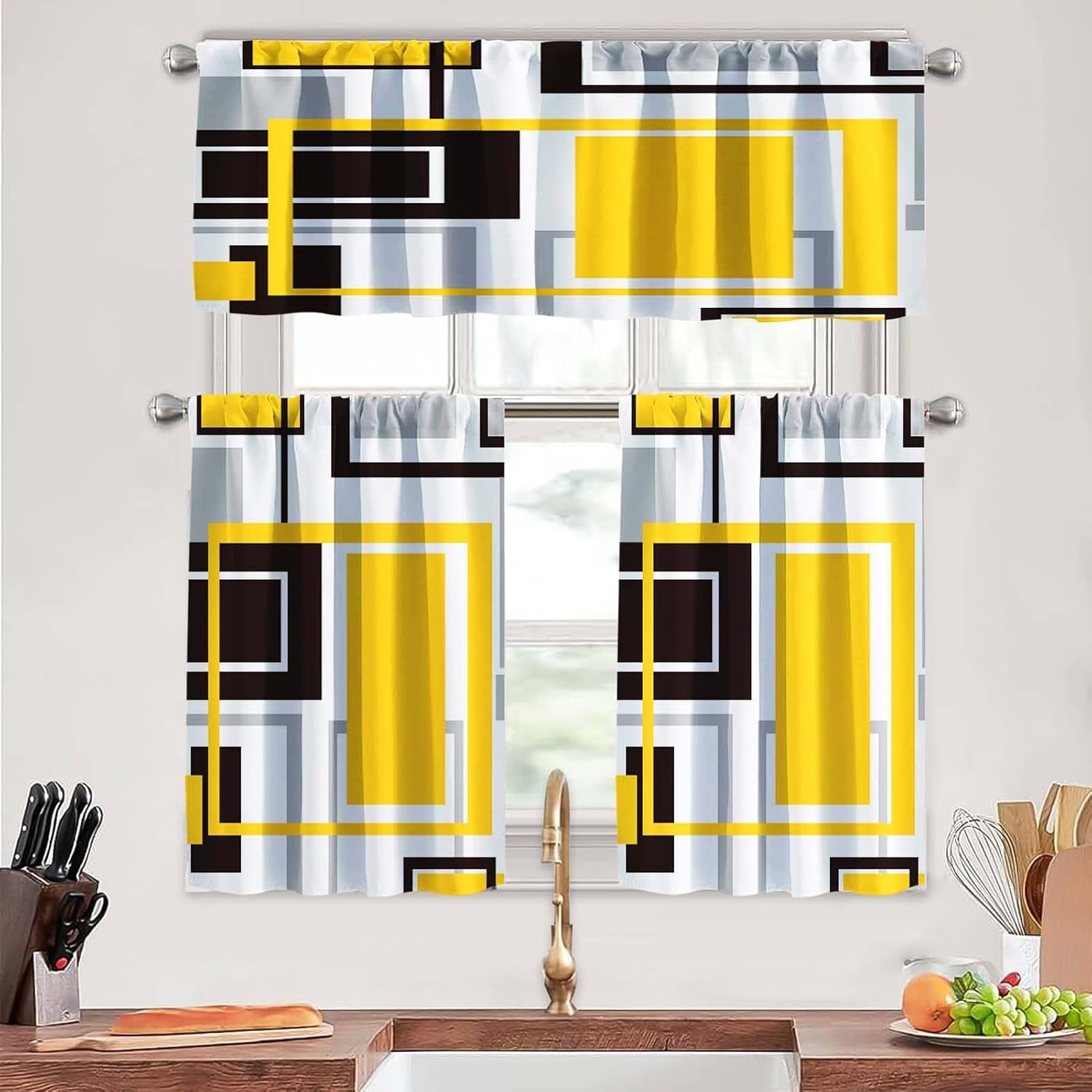 Yellow Kitchen Curtains Tiers and Valances Set 3 Piece for Windows Grey ...