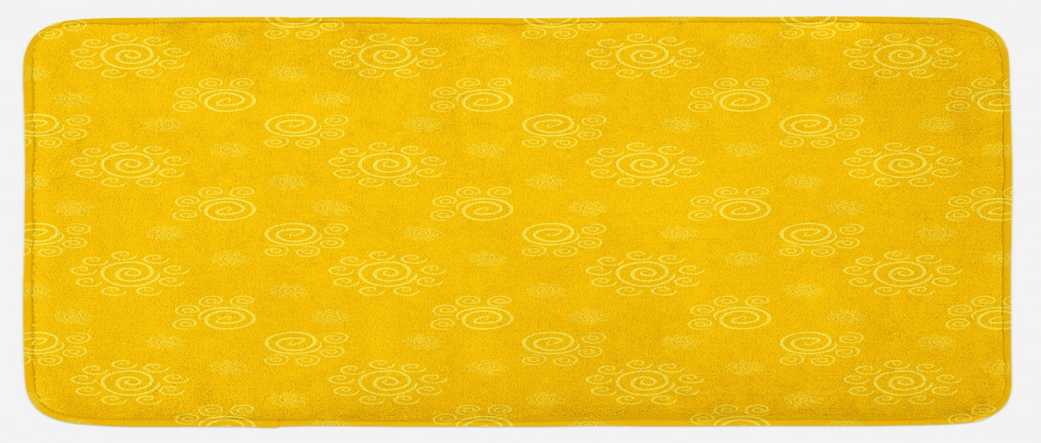 Yellow Kitchen Mat, Sun Solar Hand Drawn Style Pattern with Little ...
