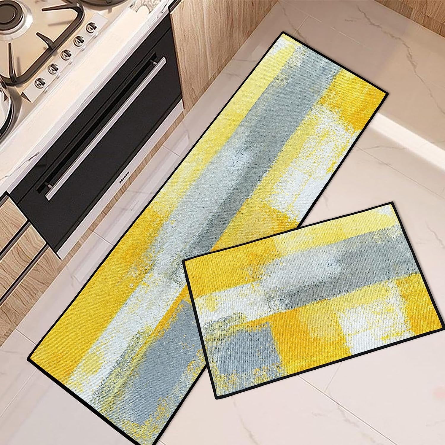 Yellow Kitchen Rugs and Mats Non Skid Washable Set of 2, Grey White ...