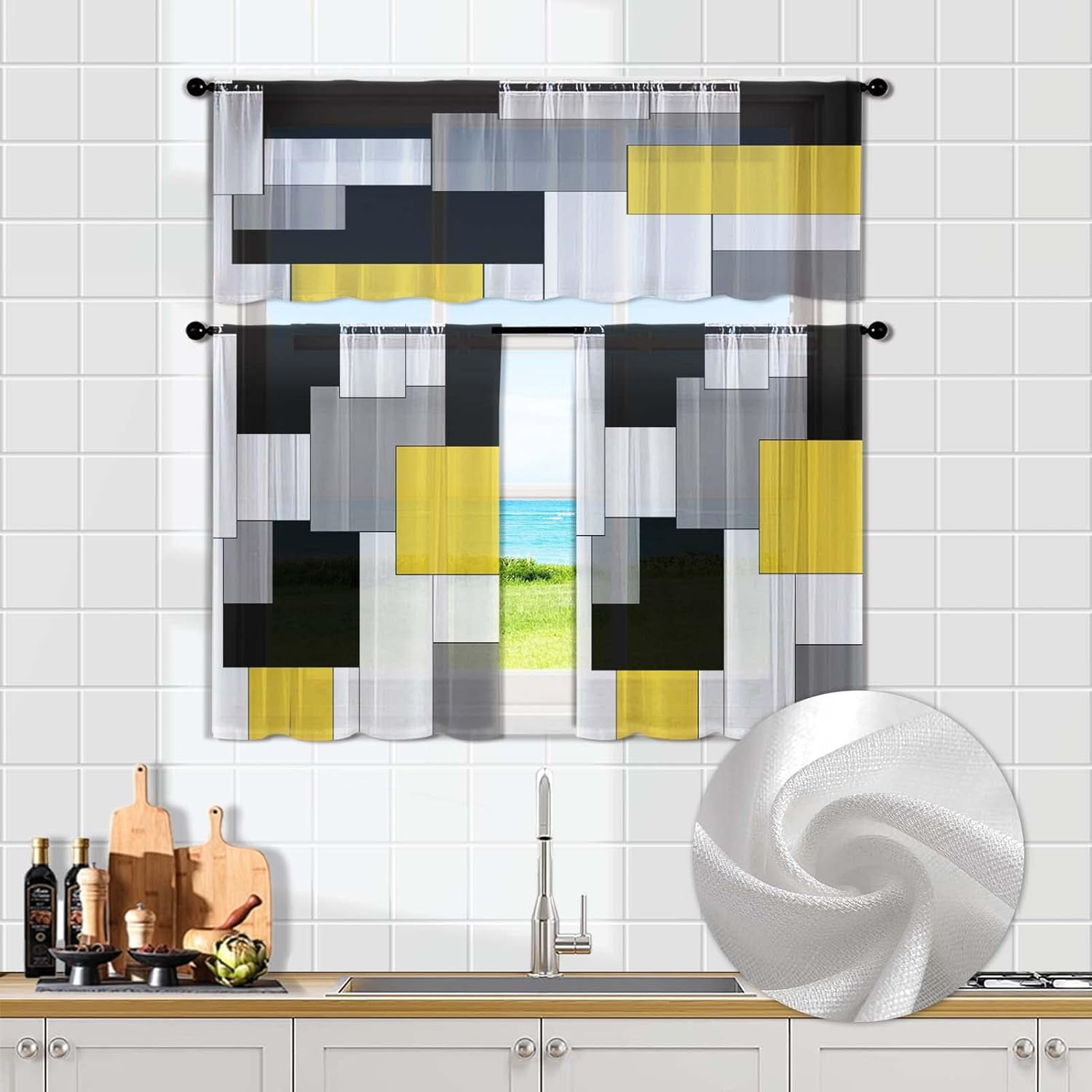 Yellow Kitchen Sheer Curtain Tiers and Valances Set of 3PC - Artistic ...