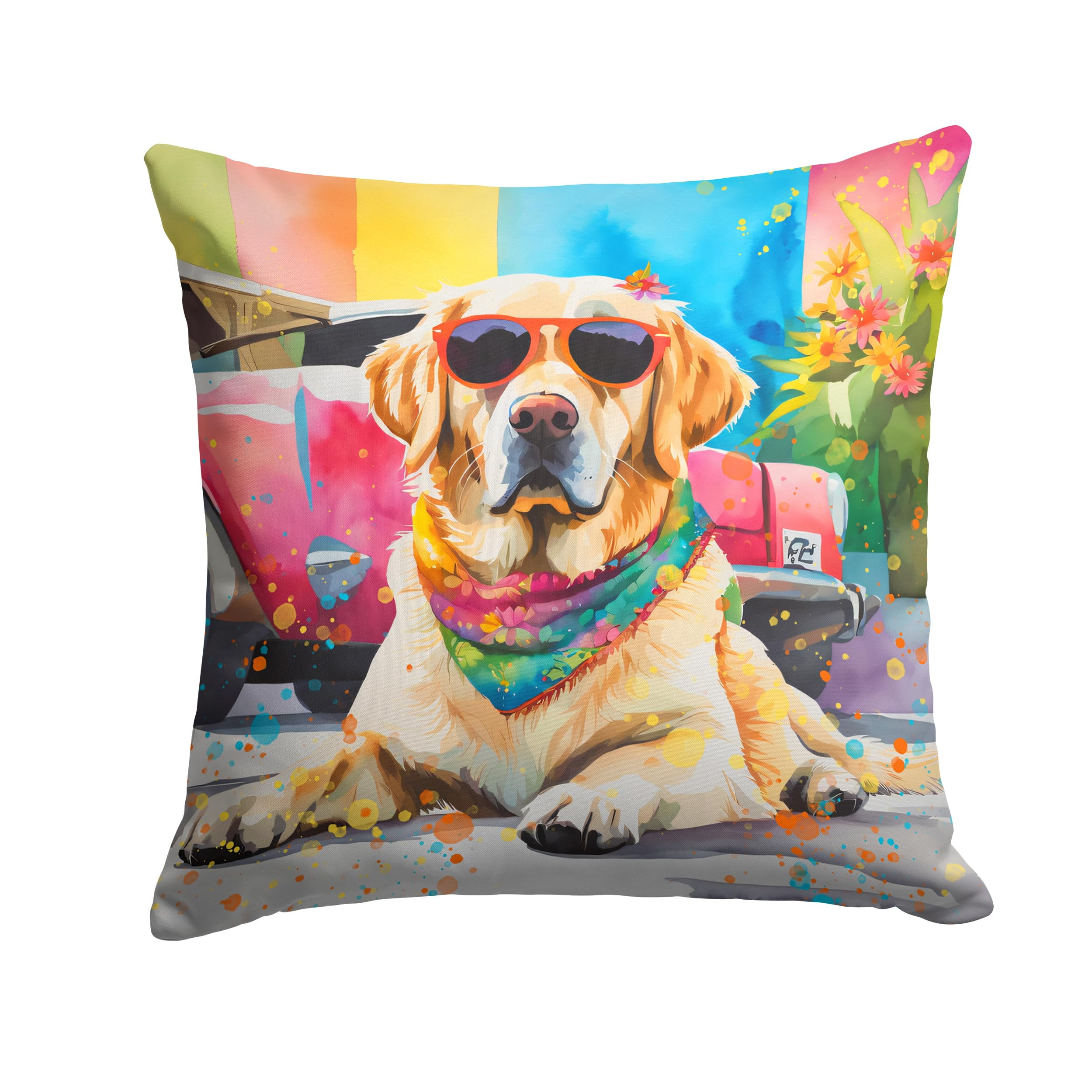 Yellow Labrador Hippie Dawg Fabric Decorative Pillow 14 in x 14 in ...