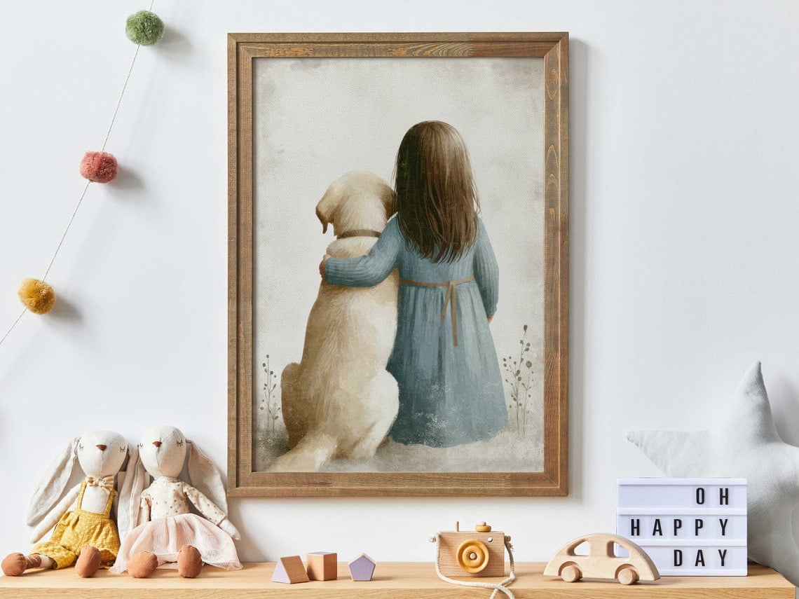 Yellow Labrador Nursery Print, Girl & Dog Art Print, Dog Nursery Decor ...