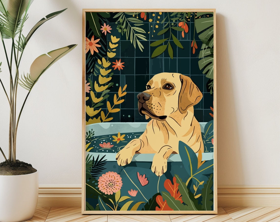 Yellow Labrador Wall Art, Boho Jungle Bathtub Print, Maximalist ...