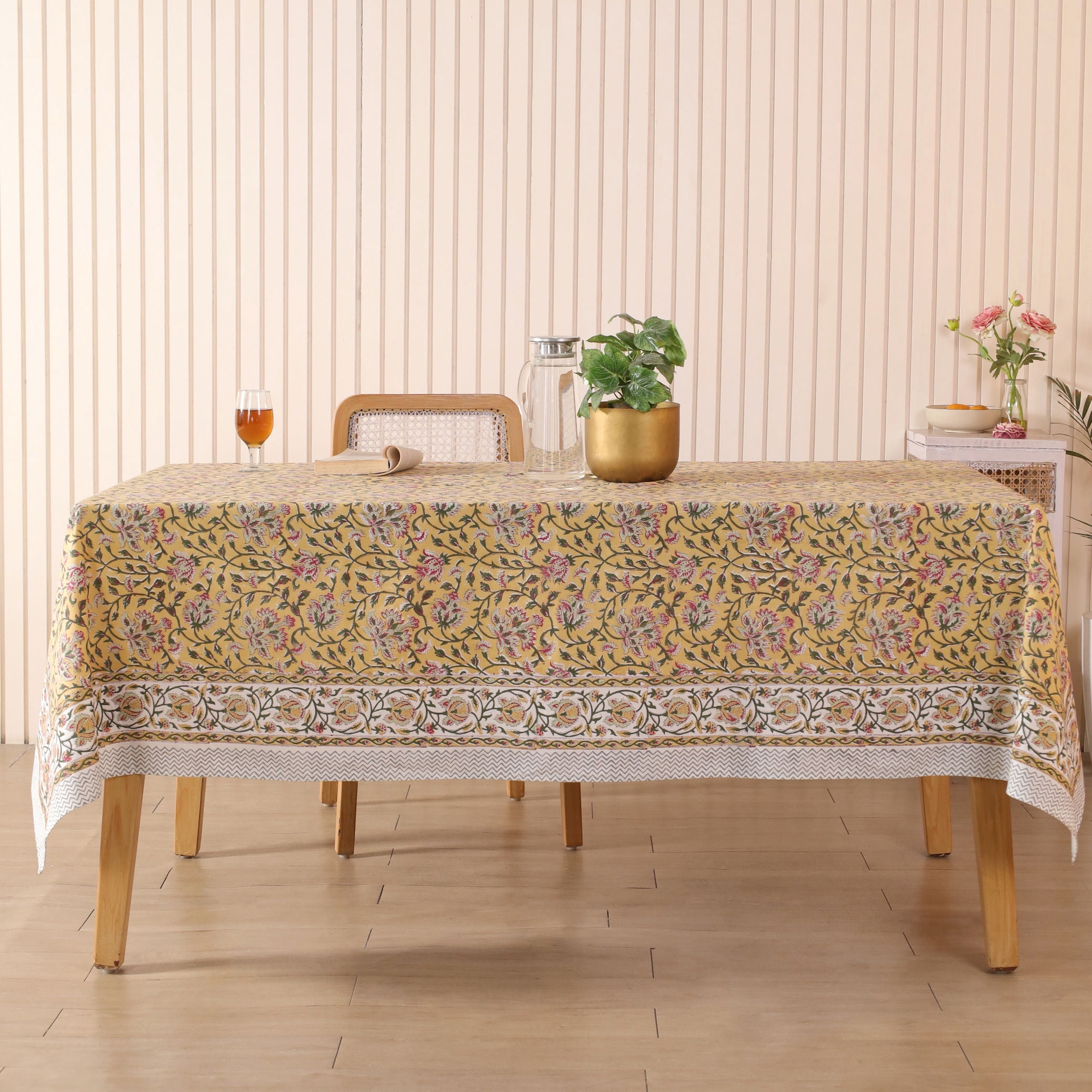 Yellow Leaf Khadi Sanganeri Block Print Cotton Tablecloth, Handcrafted ...
