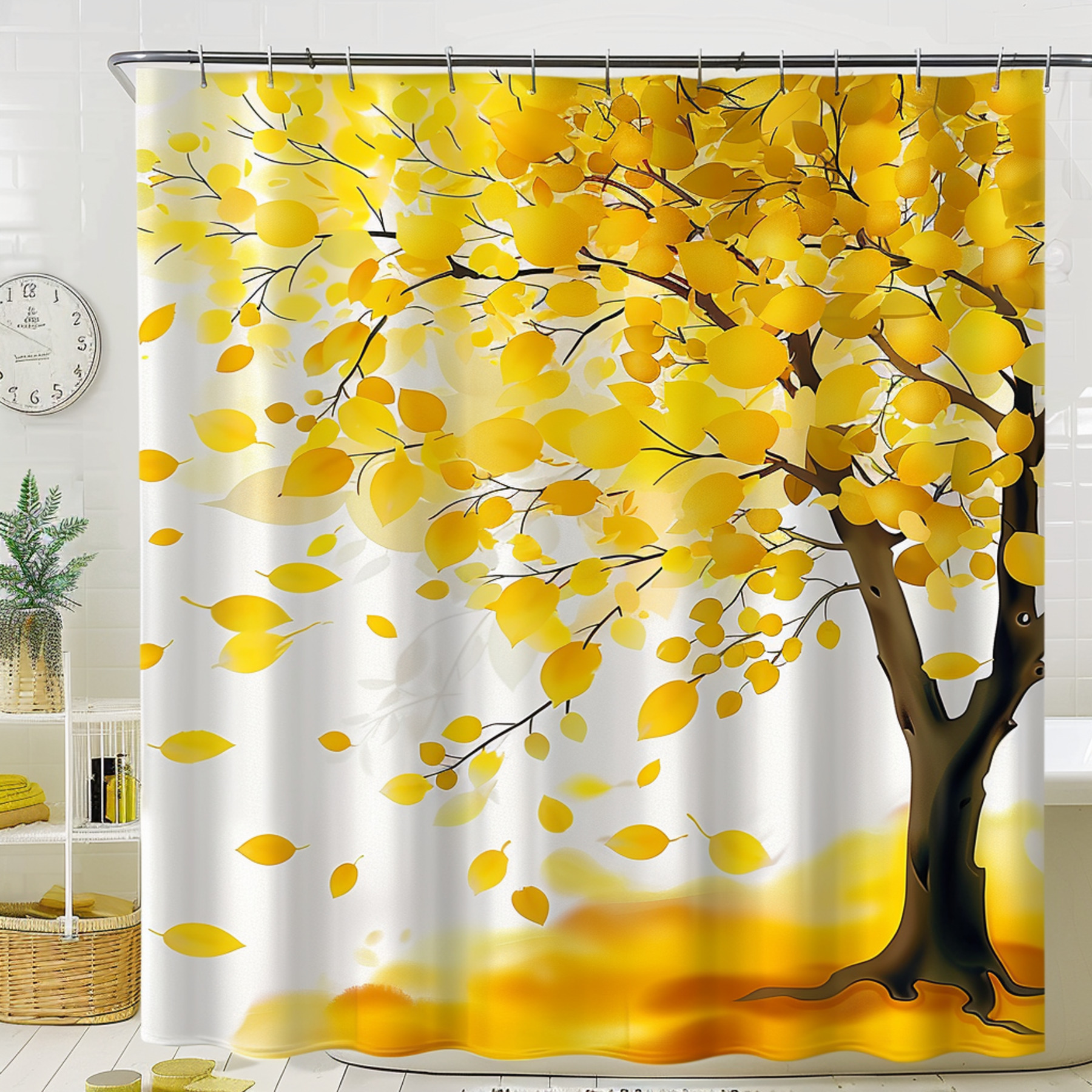 Yellow Leaf Tree Design Shower Curtain for Yellow and White Bathroom ...