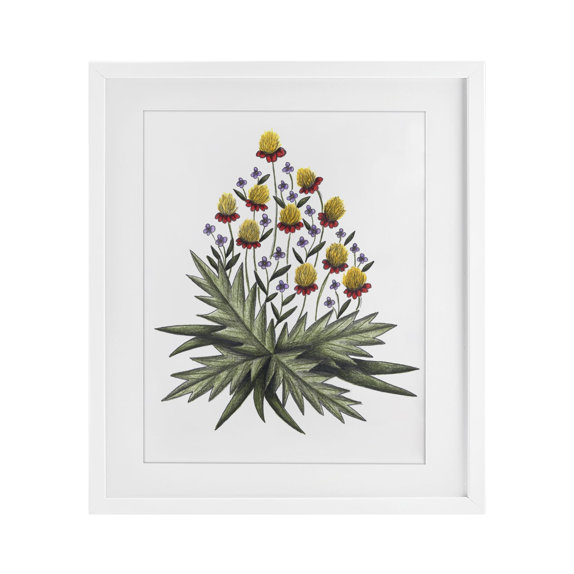 Yellow Leafy Wild Flowers White Framed Print Under Glass, design by ...