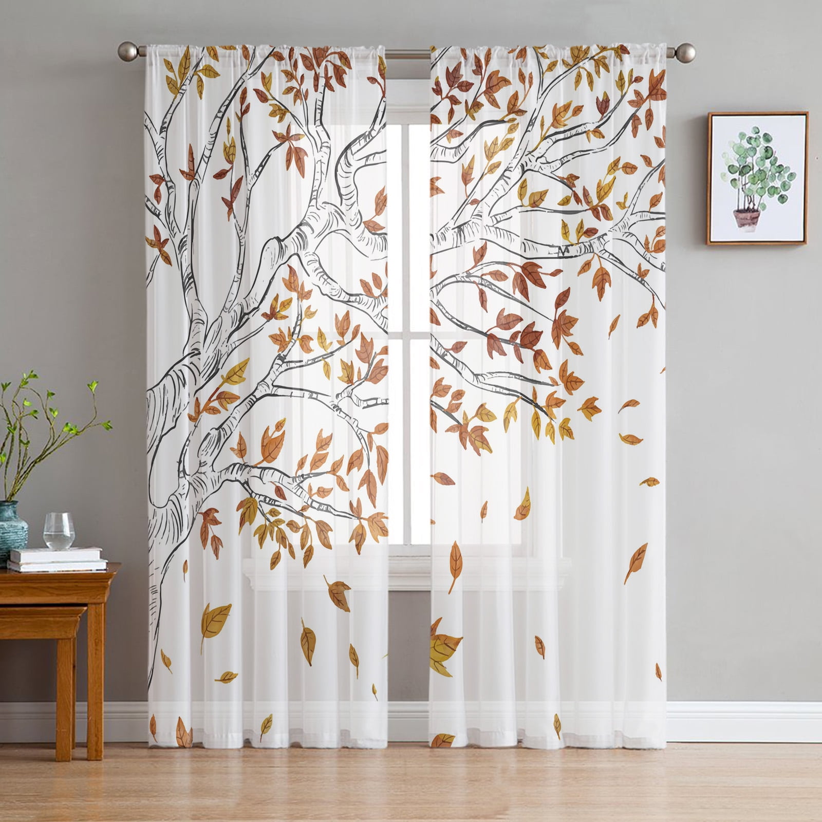 Yellow Leaves Falling In Autumn Tulle Curtains for Living Room Bedroom ...