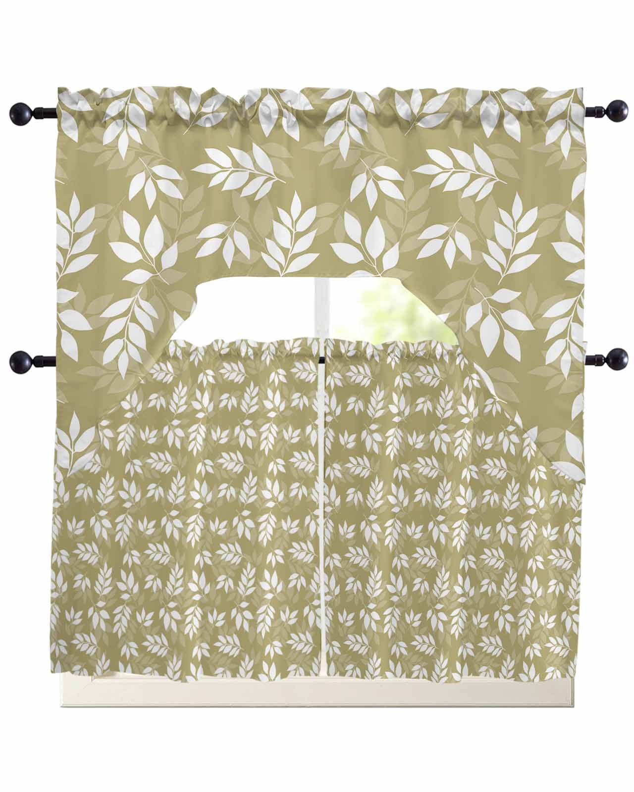 Yellow Leaves Kitchen Curtains Swag Valance and Tier Curtains Set 24 Inch Length, Farmhouse ...