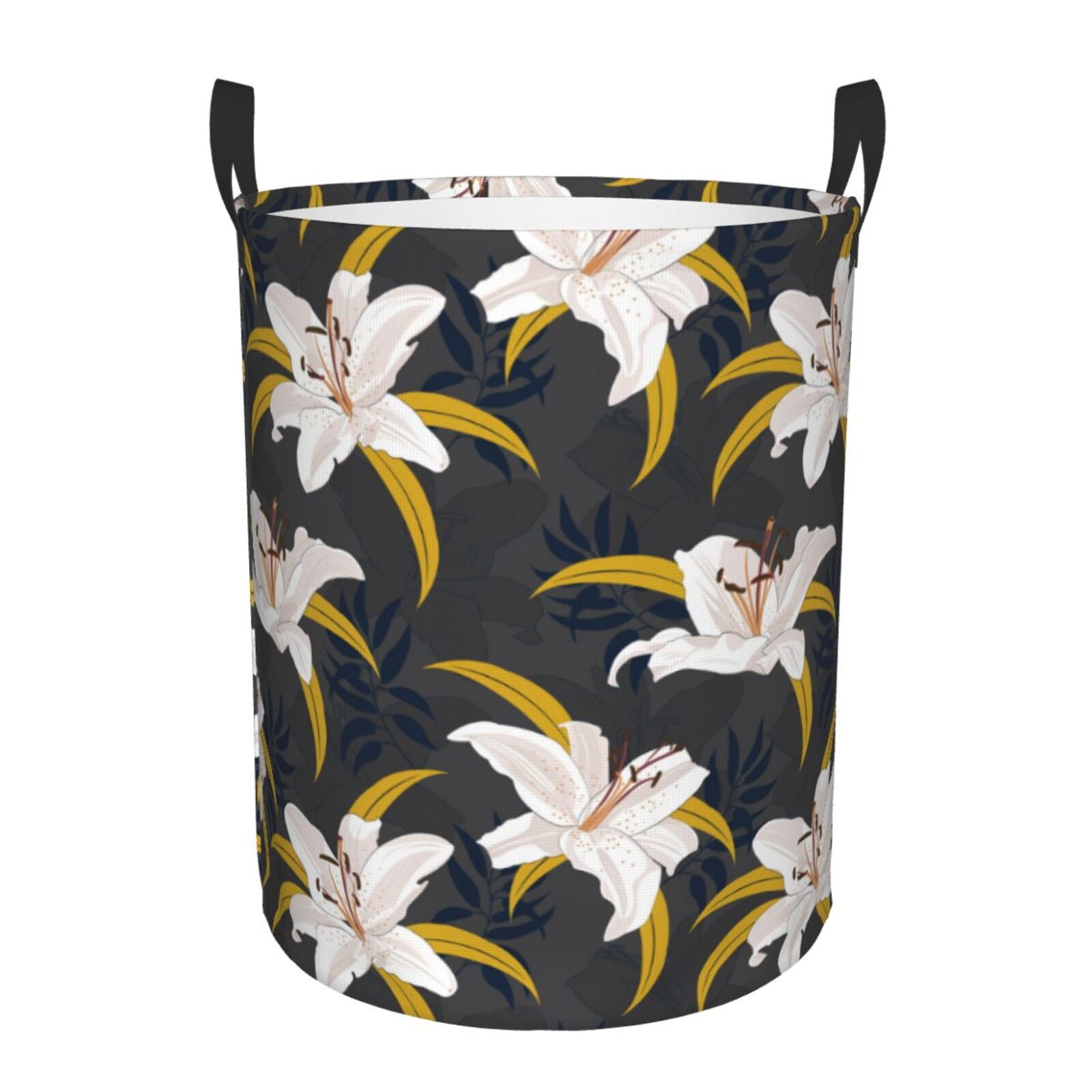 Yellow Leaves Lilies Flowers Round Laundry Basket, Laundry Hamper with ...