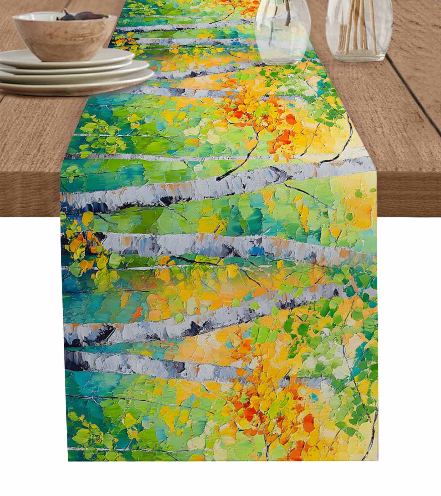 Yellow Leaves Table Runner 72 Inches, Modern Oil Painting Forest Green Bed Runner Dresser ...
