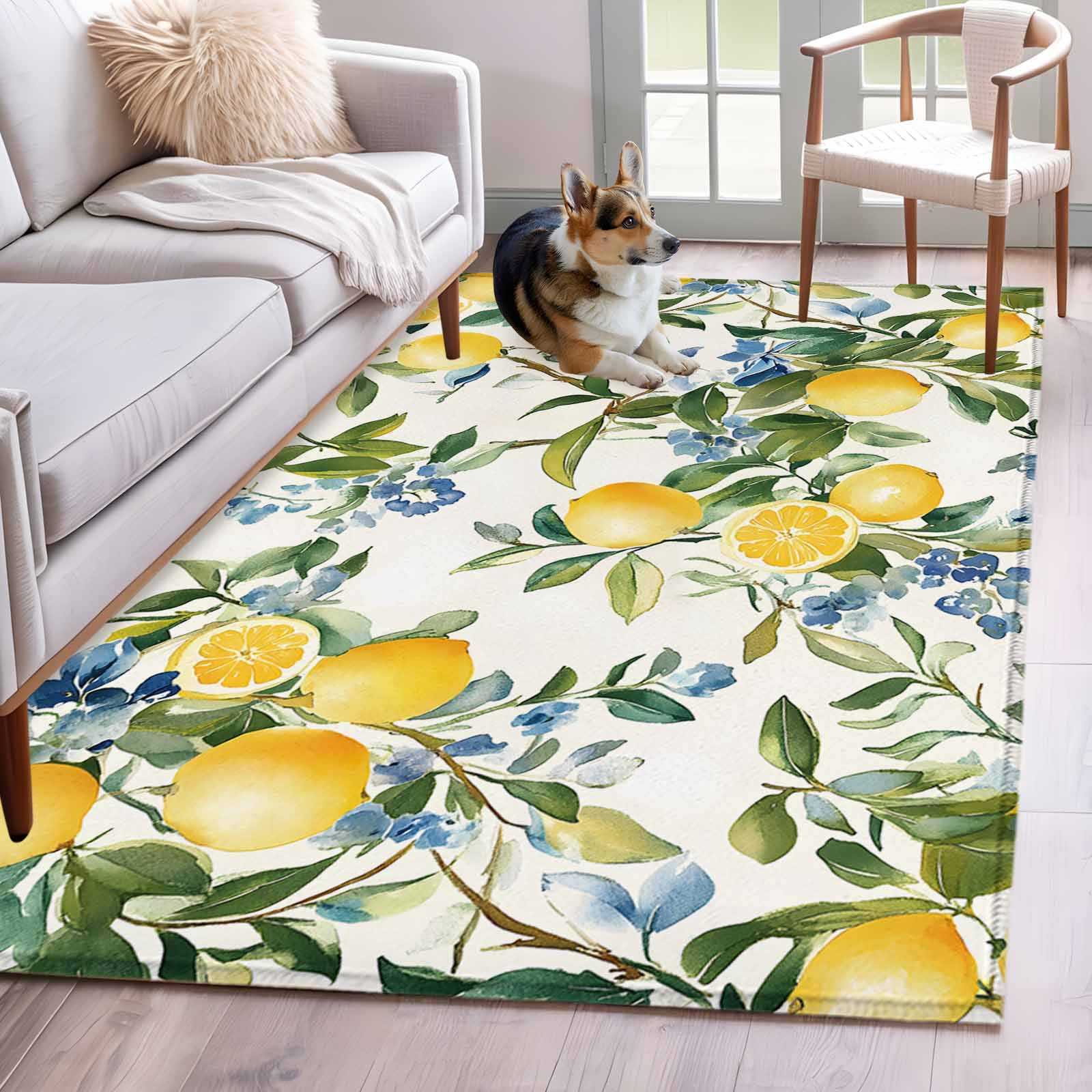 Yellow Lemon Area Rug 3x5 Washable Rug Non Slip Green Leaf Blue Flower ...