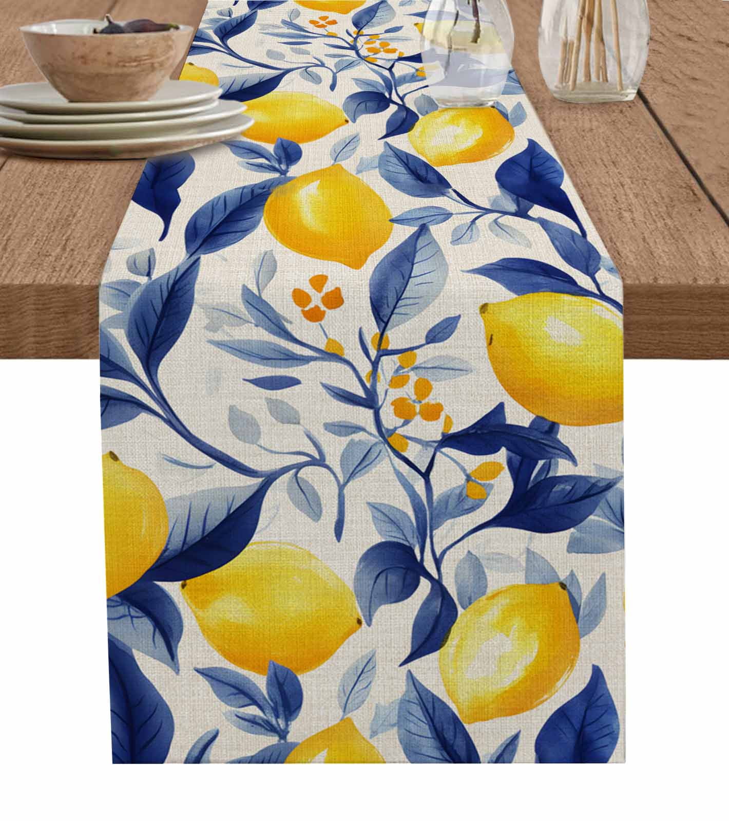 Yellow Lemon Burlap Cotton Table Runner 13x120 Inches Long, Blue Leaf ...