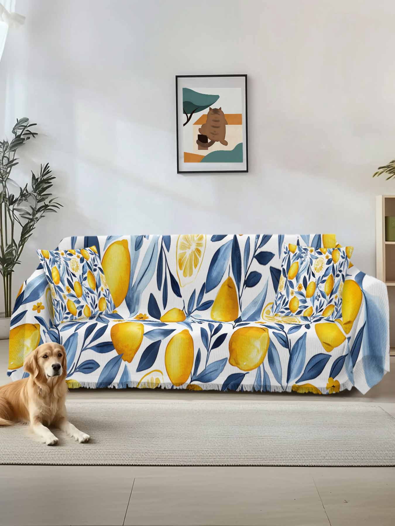 Yellow Lemon Couch Cover for 2 Cushion Sofa, Blue Flower Leaves Spring ...